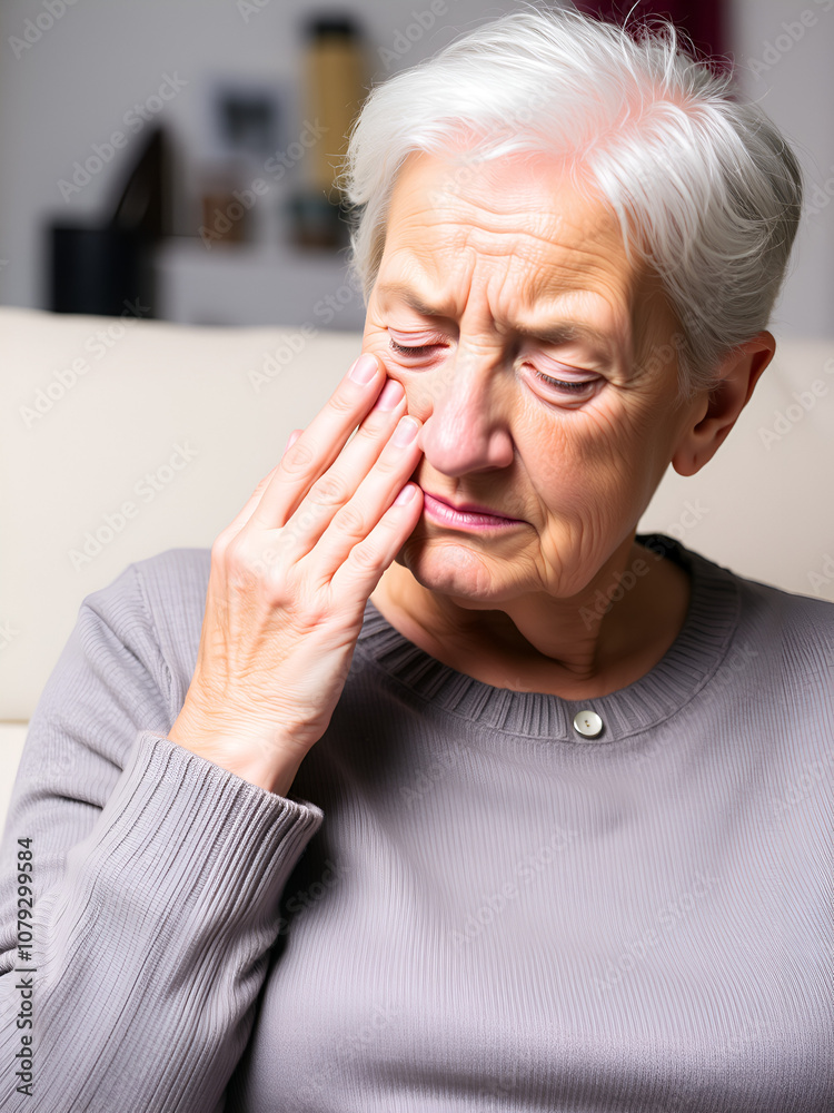 Senior woman touching her face,elderly experiencing pain and numbness ...