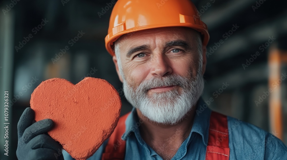 construction worker in a hard hat and gloves proudly presents a heart ...