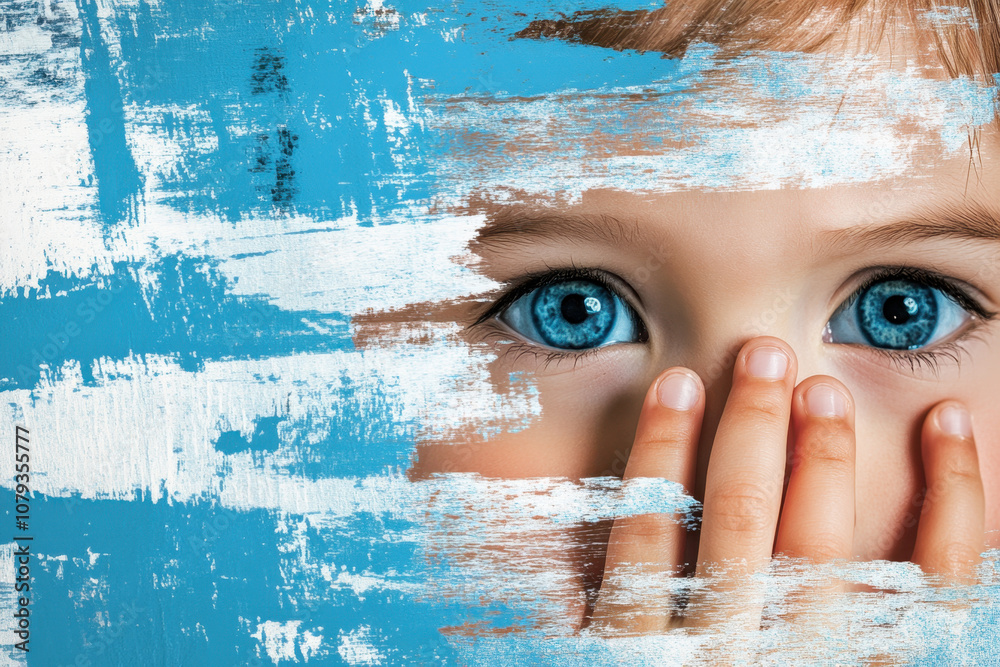 Sad child covering face with hands. Blue paint brush strokes overlaid ...