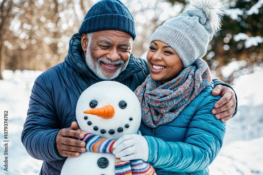 Black senior couple and winter snowman. Elderly african american family ...