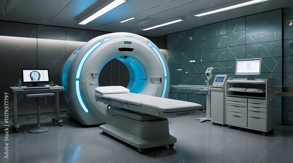 modern medical imaging room features a large MRI machine with blue ...