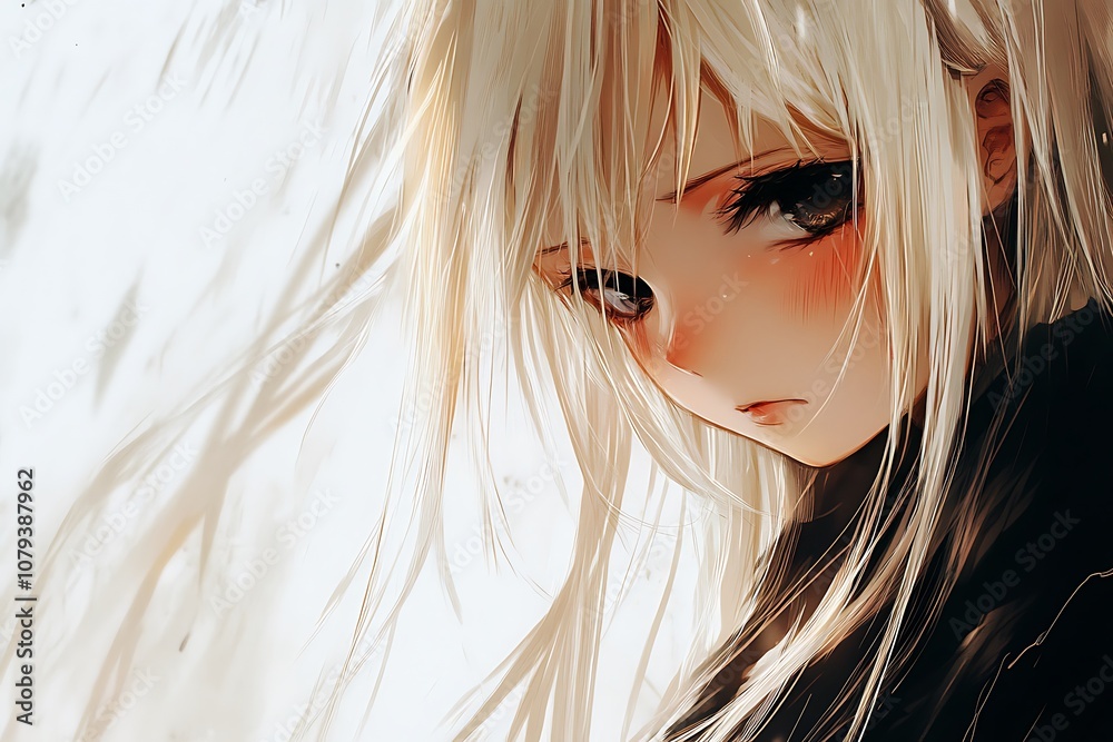 Anime girl with long white hair, sad expression, blushing cheeks, and ...