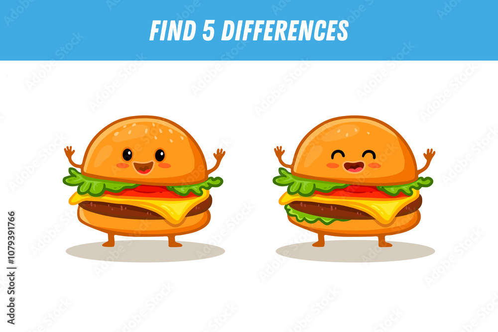 Find 5 differences between two pictures of burger with arms and legs ...