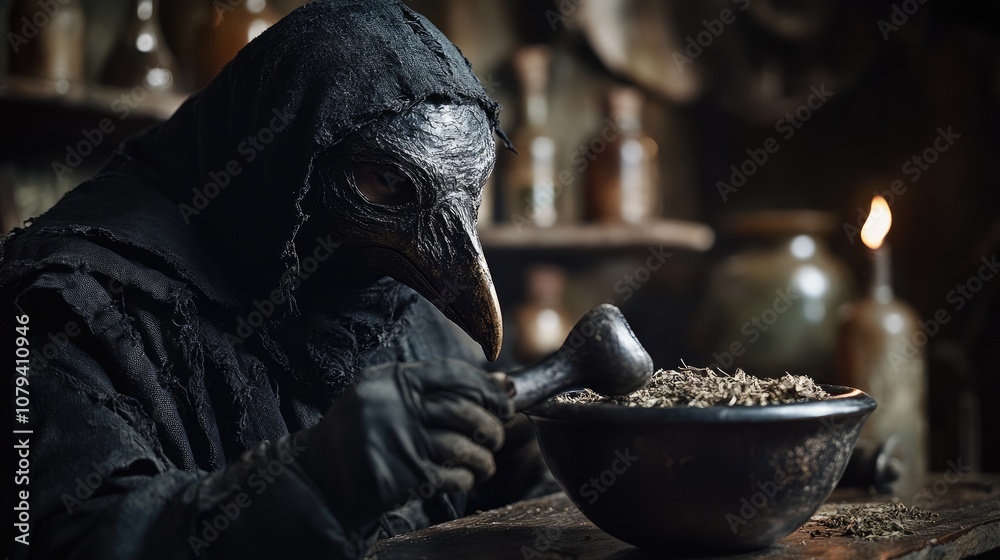 Medieval remedy: The plague doctor with bird beak mask, a distinctive ...