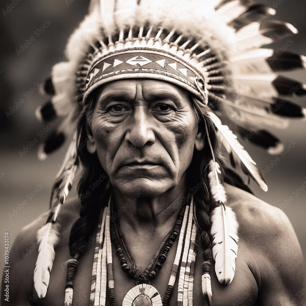 An elderly Indian man is a tribal chief with traditional coloring and ...