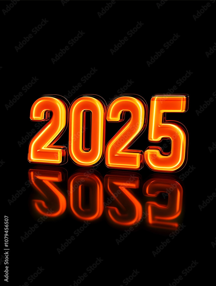 3D text 2025 in Helvetica Bold font vibrant orange color set against a ...