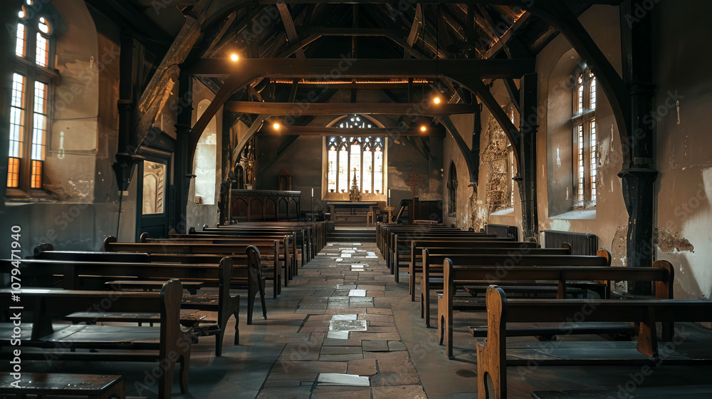 Historic Church Interior with Wooden Beams and Illuminated Altar ...