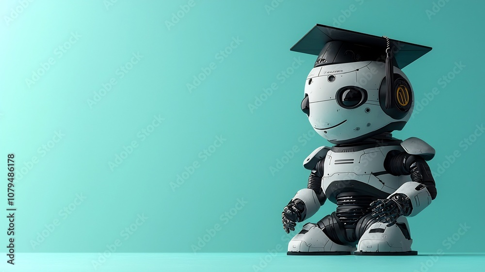 Graduation Cap on Robot Character Against Soft Color Background with ...