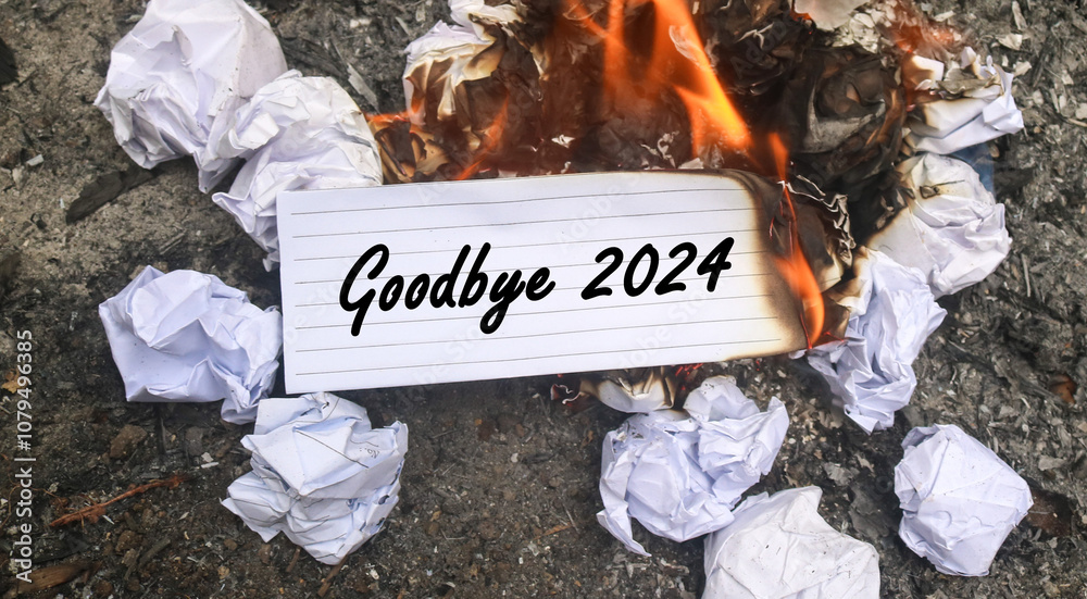Paper is burning on fire and pile of paper waste with Goodbye 2024 ...