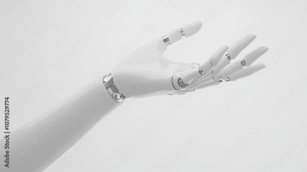 White robot hand reaching out on white background, rendered with ...