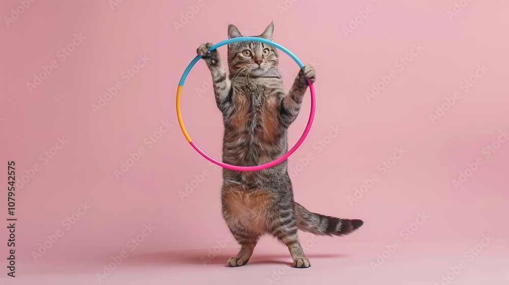 Cat balancing colorful hoop on two legs against pink background showing ...