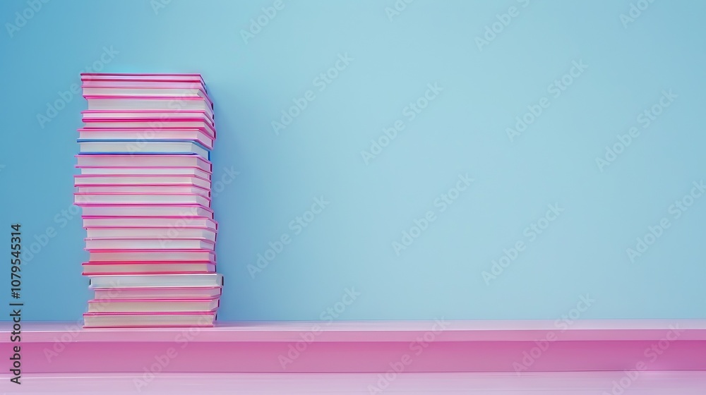 Colorful stack of books with pink and white covers against blue ...
