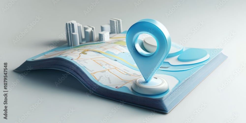 Interactive location pin on folded paper map with city skyline in ...
