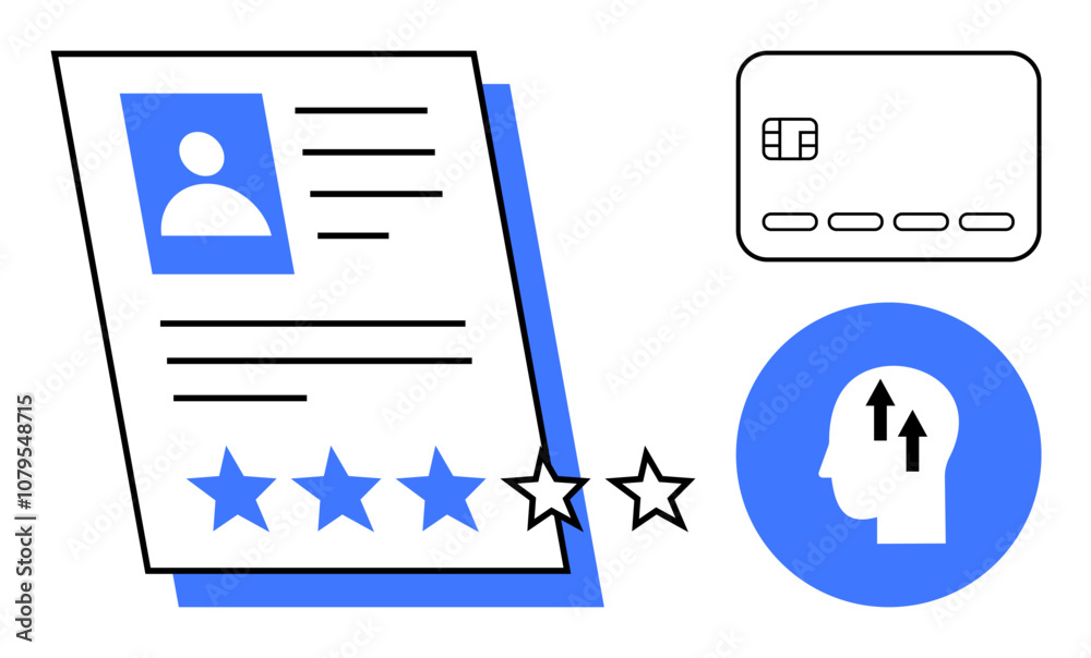Evaluation sheet with profile picture and rating stars, credit card ...