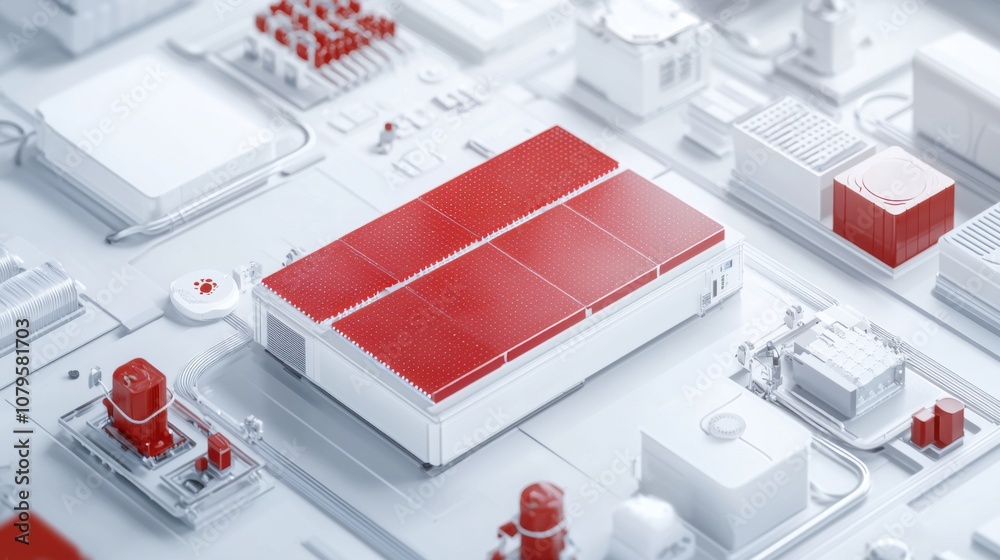 battery industrialization. A modern, stylized cityscape featuring a ...