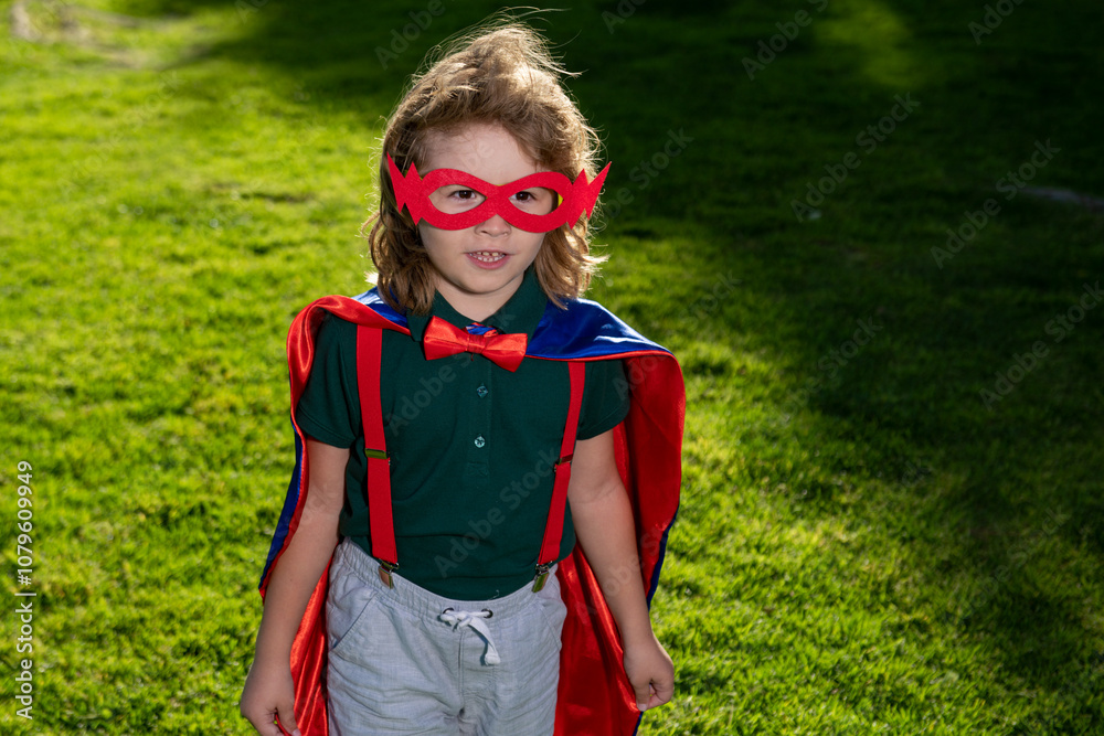 Funny little power super hero child boy in a red raincoat. Superhero kids concept. Stock Photo ...