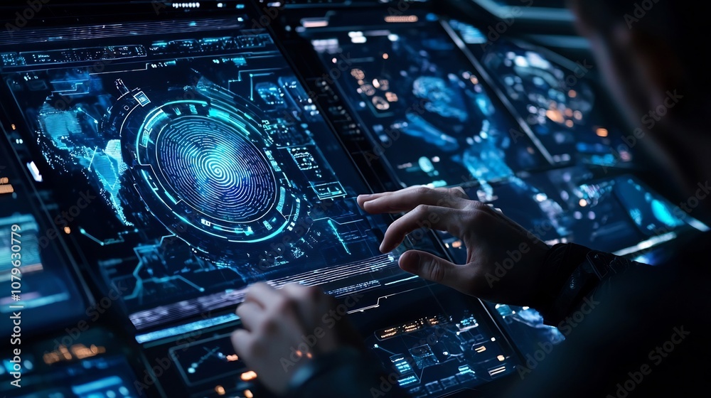 Futuristic digital fingerprint authentication interface displayed on a ...