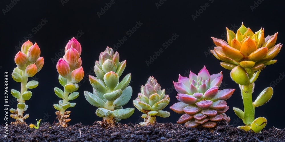 A composite image or sequence of succulent growth stages, from tiny ...