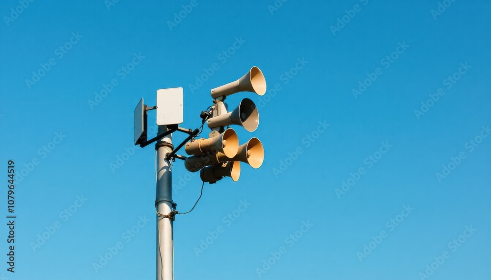 A tall pole with an alarm siren and multiple speakers mounted on it ...