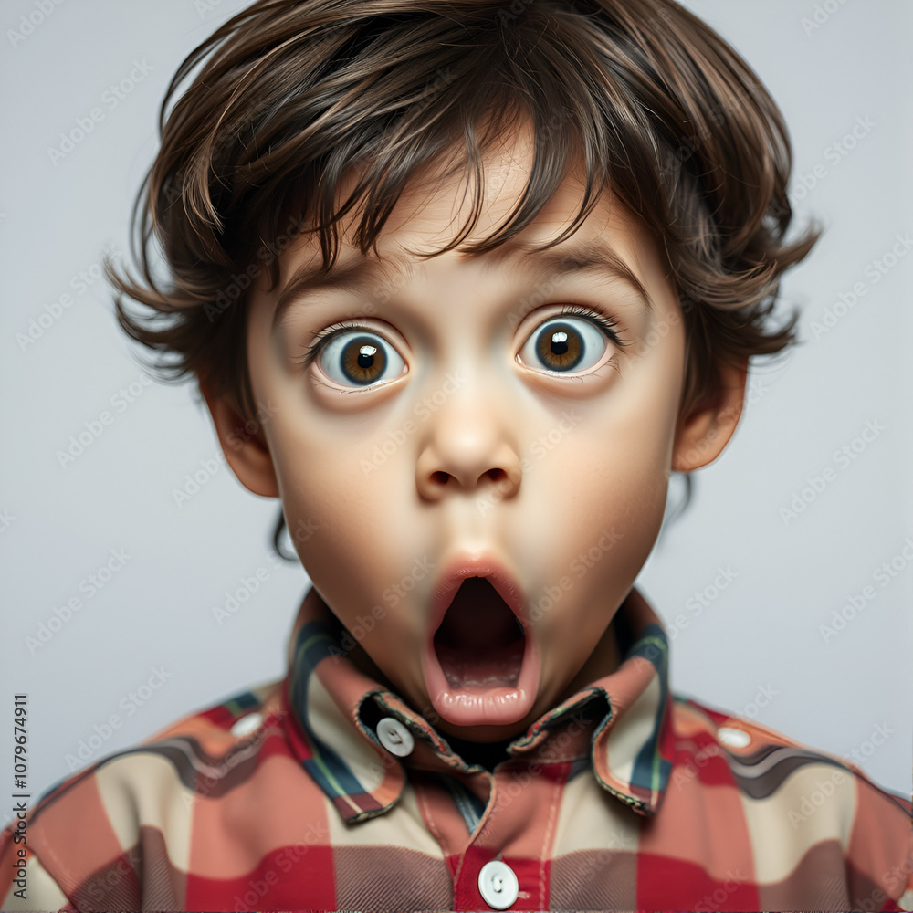 Shocked caucasian kid boy wearing plaid shirt stares bugged eyes keeps ...