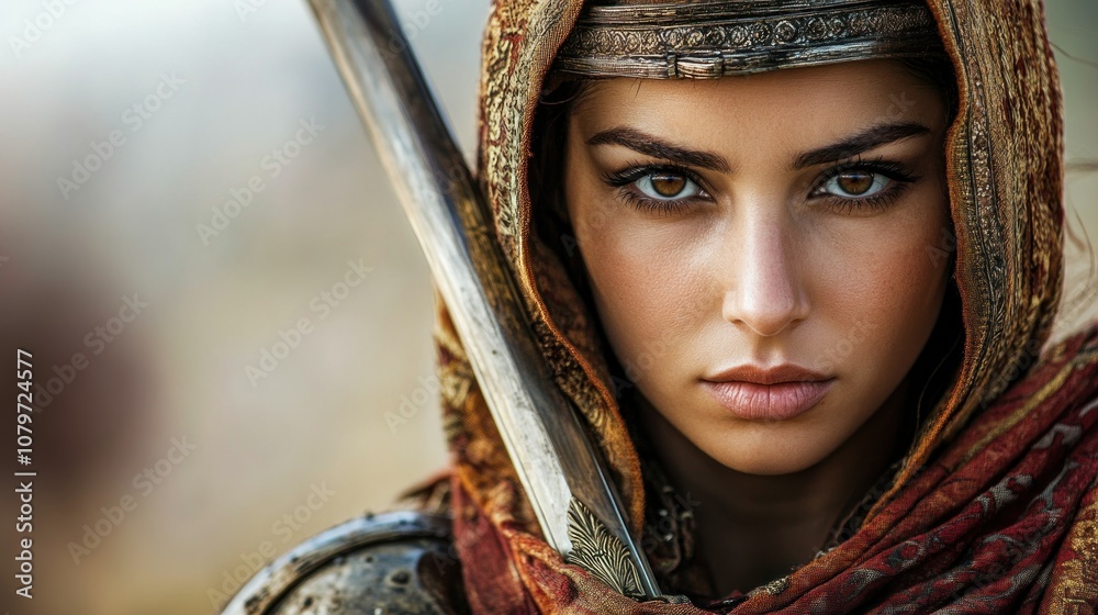 Beautiful ancient Arabian soldier army strong woman warrior look ...