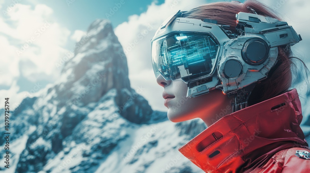 Cyberpunk technology hybrid robot cyborg woman with an mountain ...