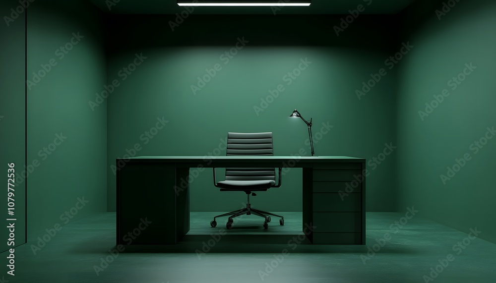 Minimalist modern office cubicle with desk and chair, dark green walls ...
