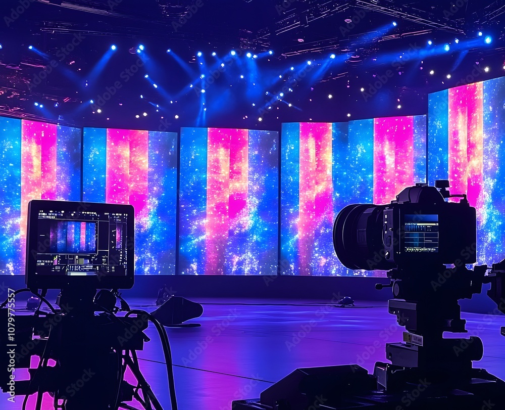 A professional video camera is set up in front of the stage with large ...
