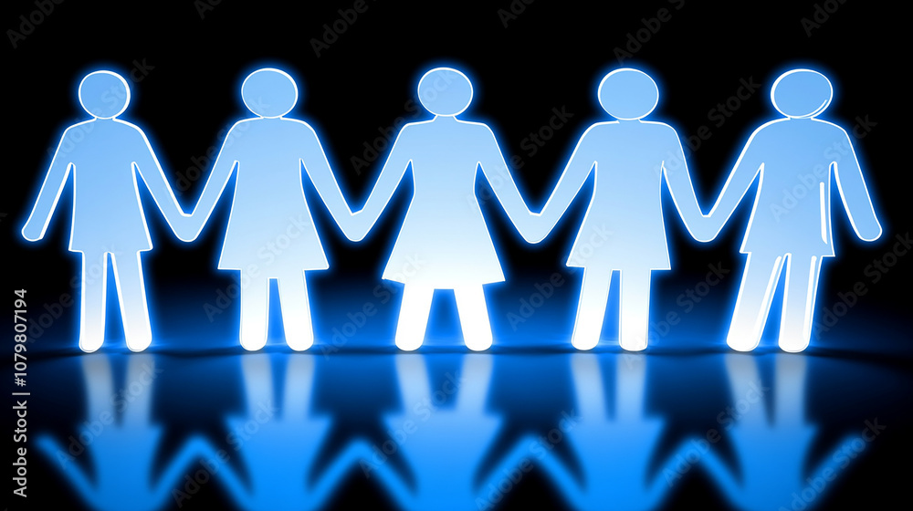 Five blue paper people holding hands in a line, illuminated against a ...