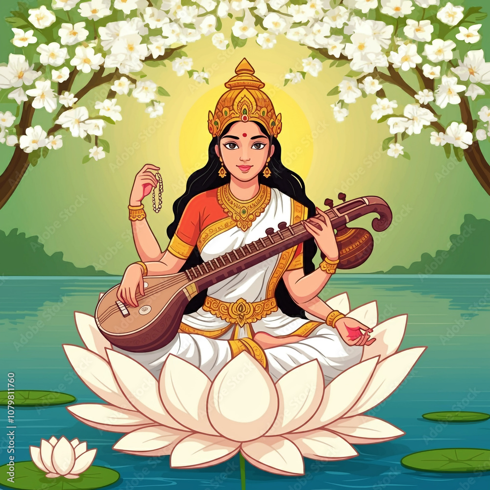 Goddess Saraswati is seated on a lotus under blooming trees, gracefully ...