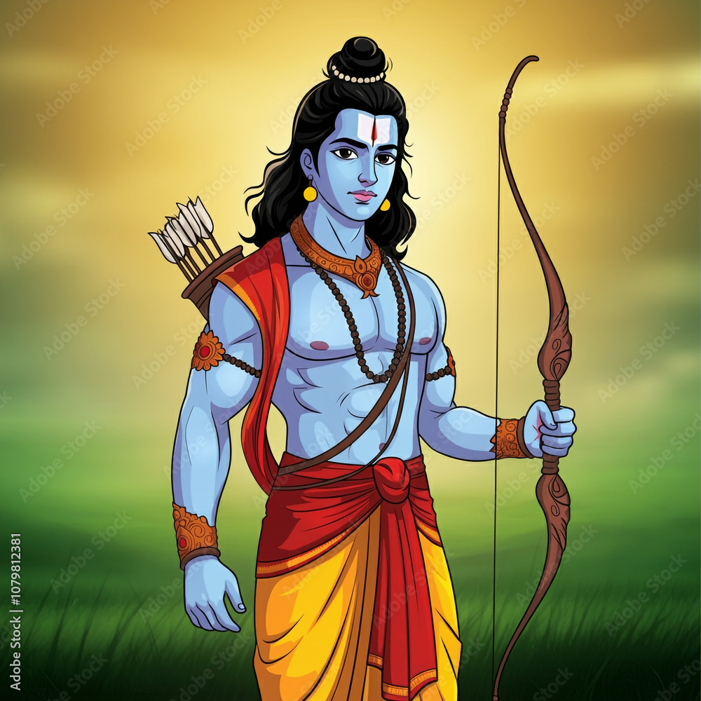 An image of Lord Rama holding a bow and arrow, standing with calm ...
