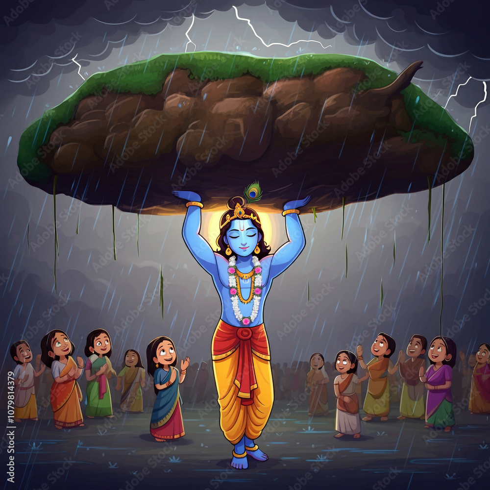 Lord Krishna shielding villagers from rain by lifting Govardhan Hill ...