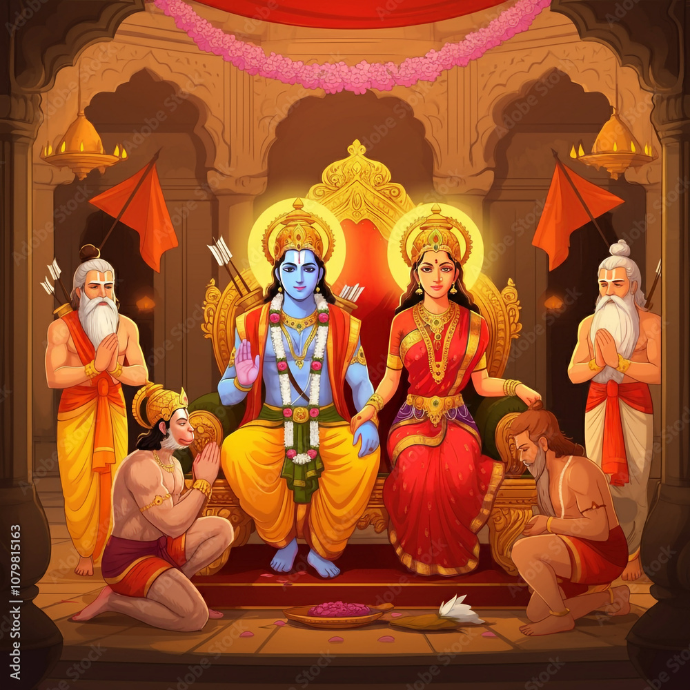 Lord Rama and Goddess Sita seated on a royal throne with Hanuman and ...
