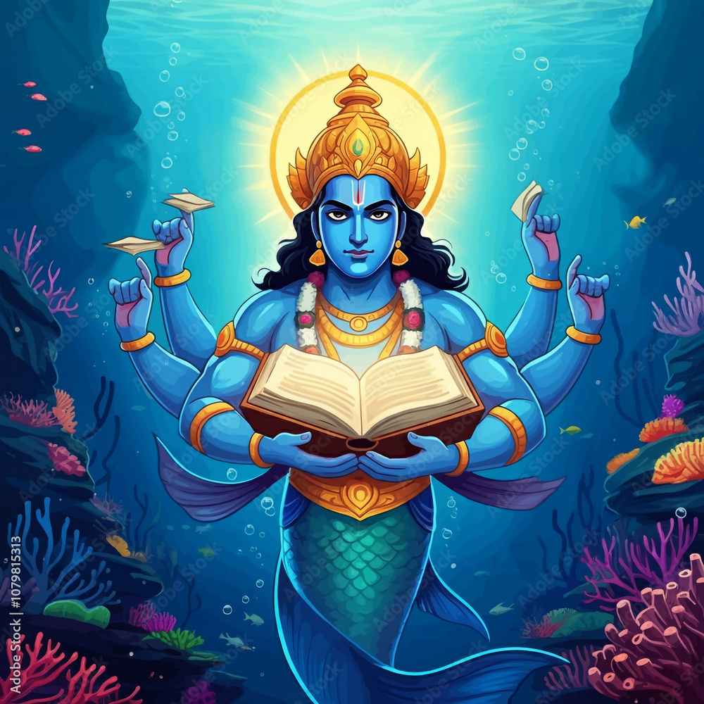 Lord Vishnu as Matsya avatar, holding sacred scriptures underwater ...