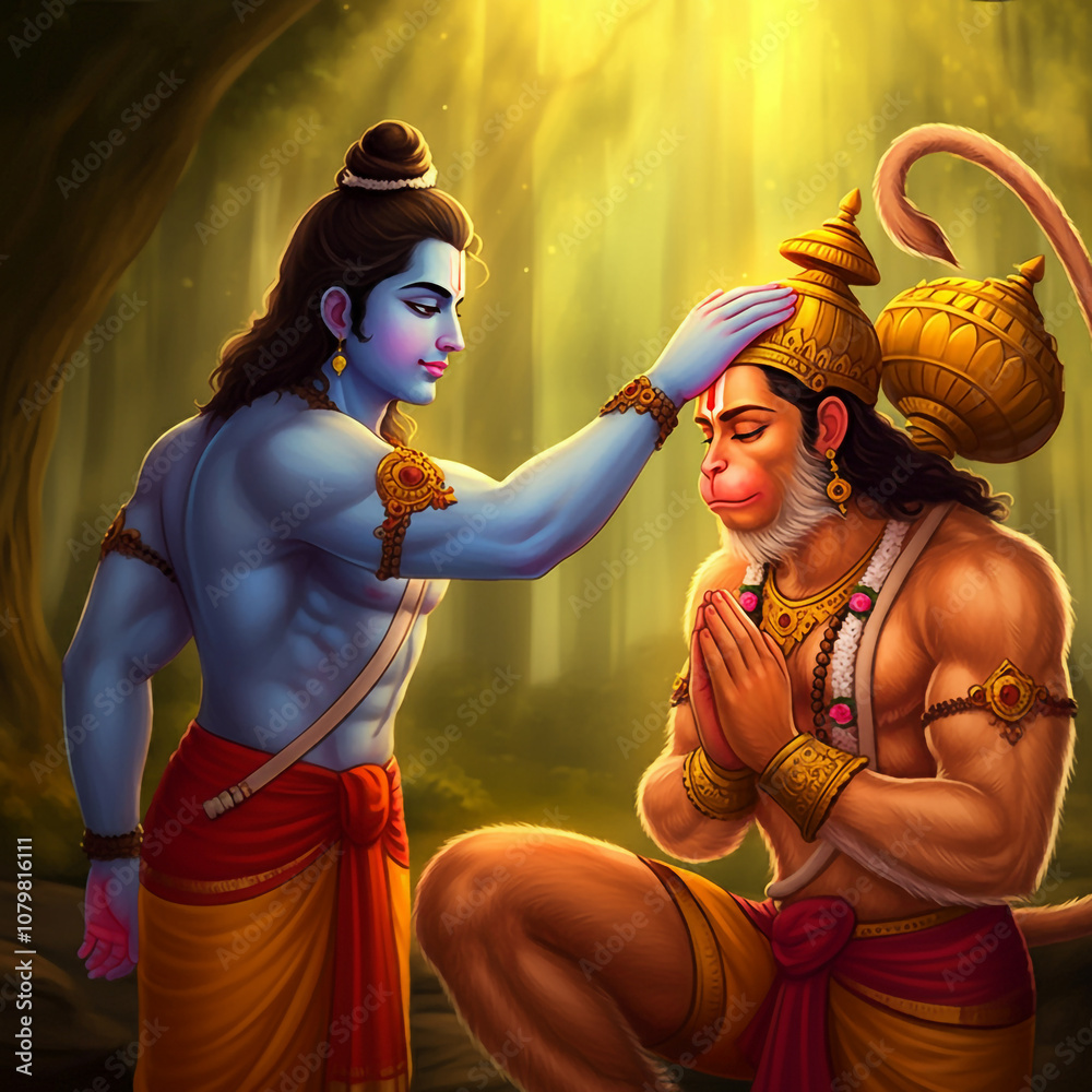 Ilustración de Stock Lord Rama placing his hand on Hanuman's head in a ...