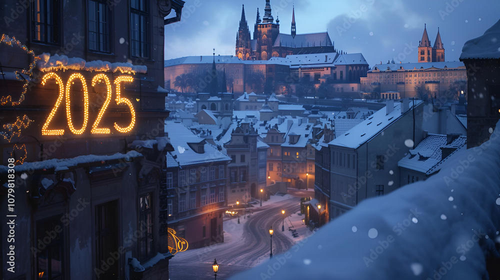 Historic Prague cityscape with 2025 in glowing amber 3D text castle and ...