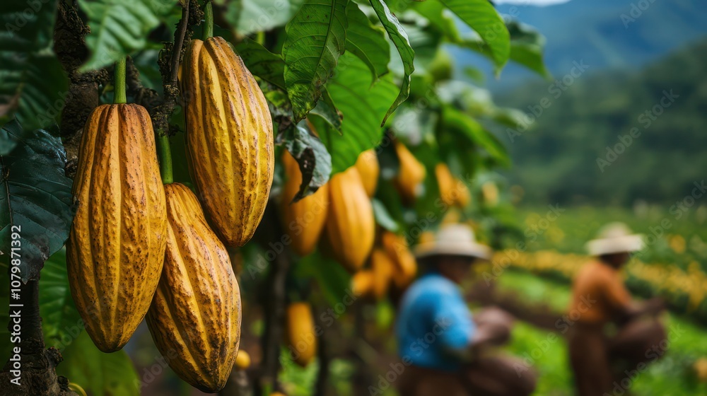 Стоковое фото «Cocoa farm in Ecuador, organized rows with farmers ...