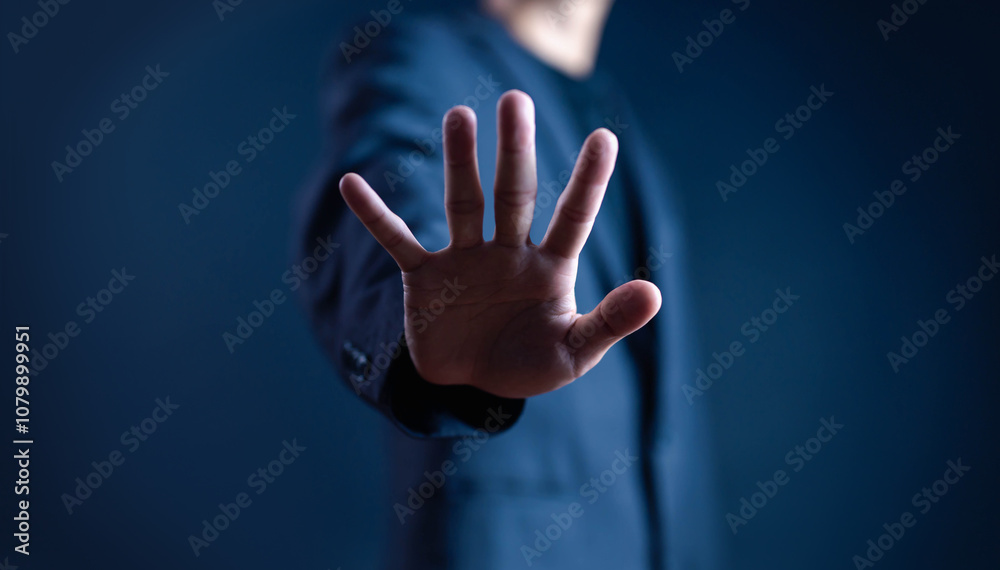 person's hand showing palm gestures stop, concept violence, warning ...