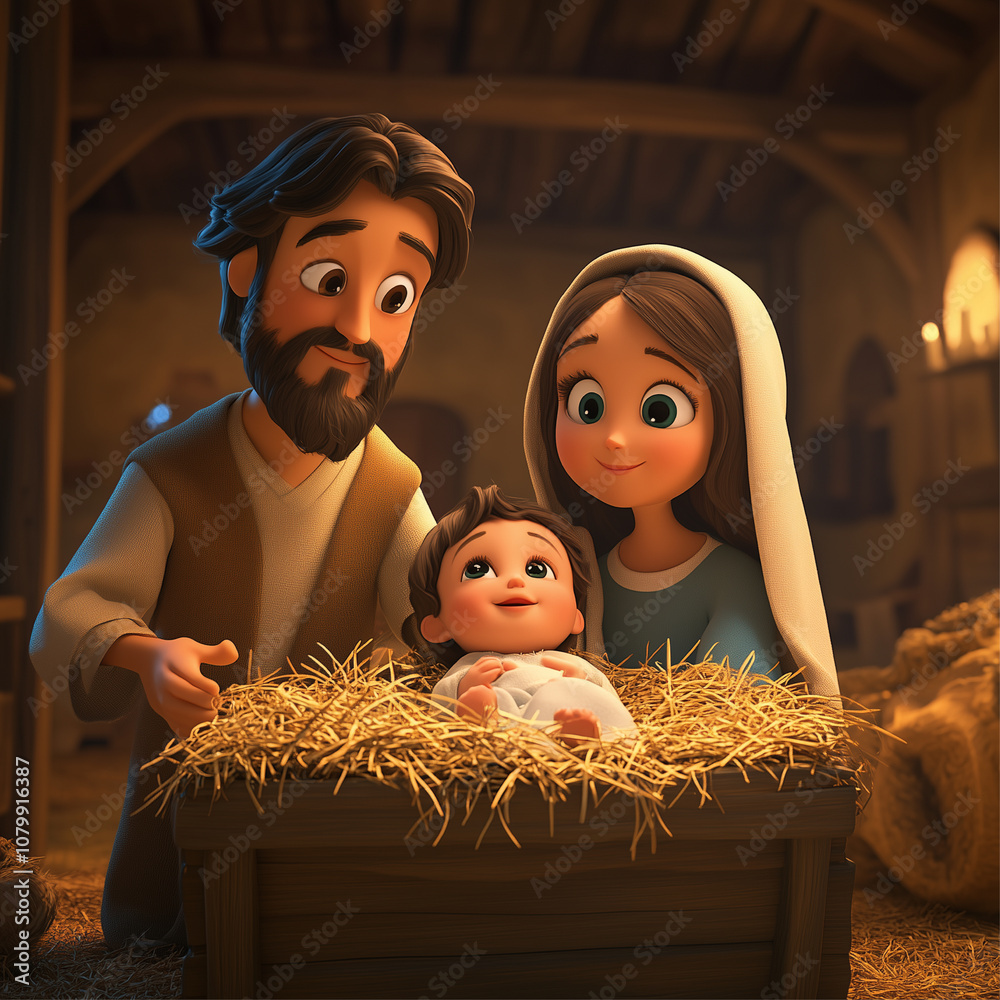 Generative AI. The birth of baby Jesus in a manger in a sheepfold. With ...