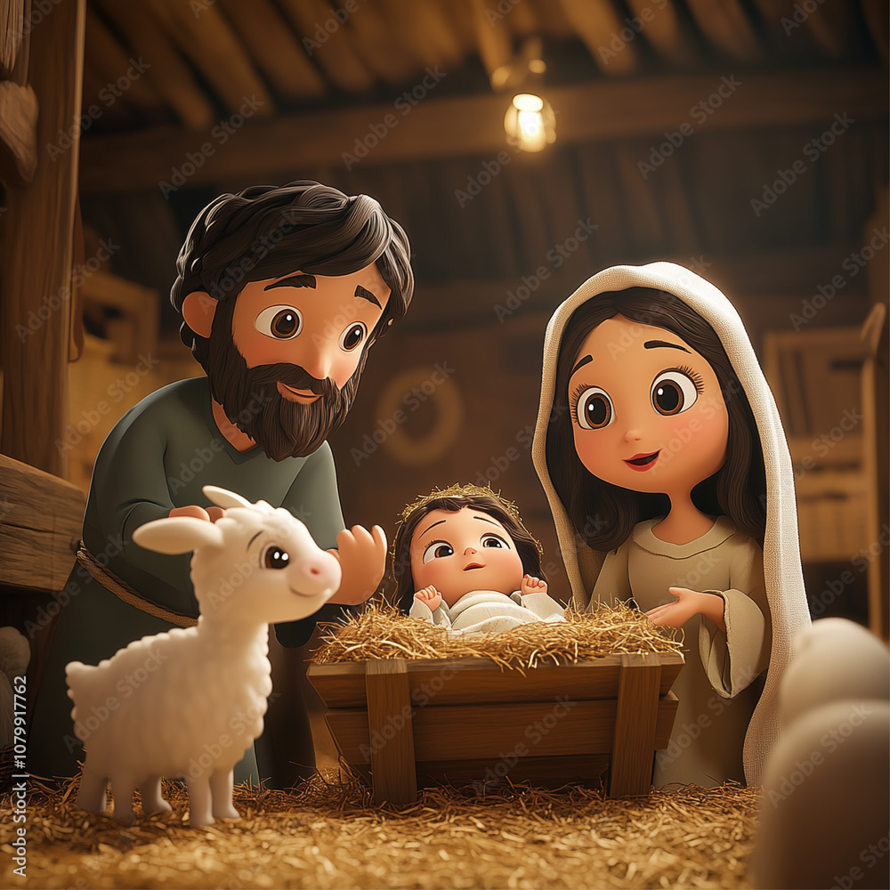 Stock-Foto „Generative AI. The birth of baby Jesus in a manger in a ...