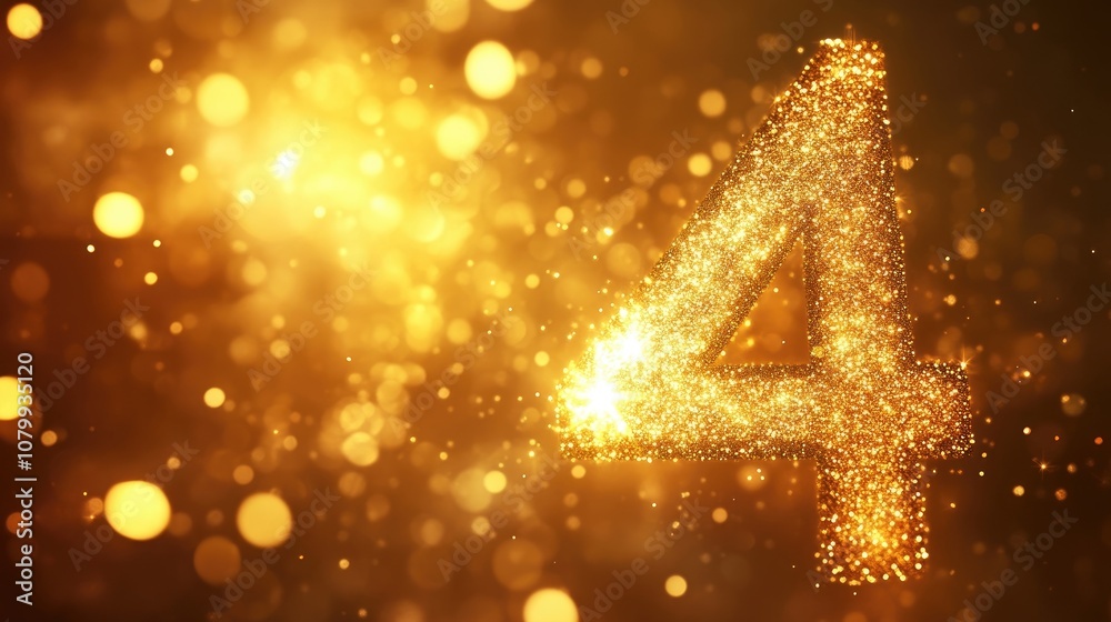 Glittering number four symbol radiating on a beautifully shining golden ...