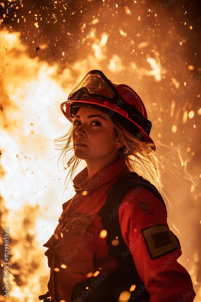 Brave female firefighter standing confidently amid flames, showcasing resilience and strength in ...