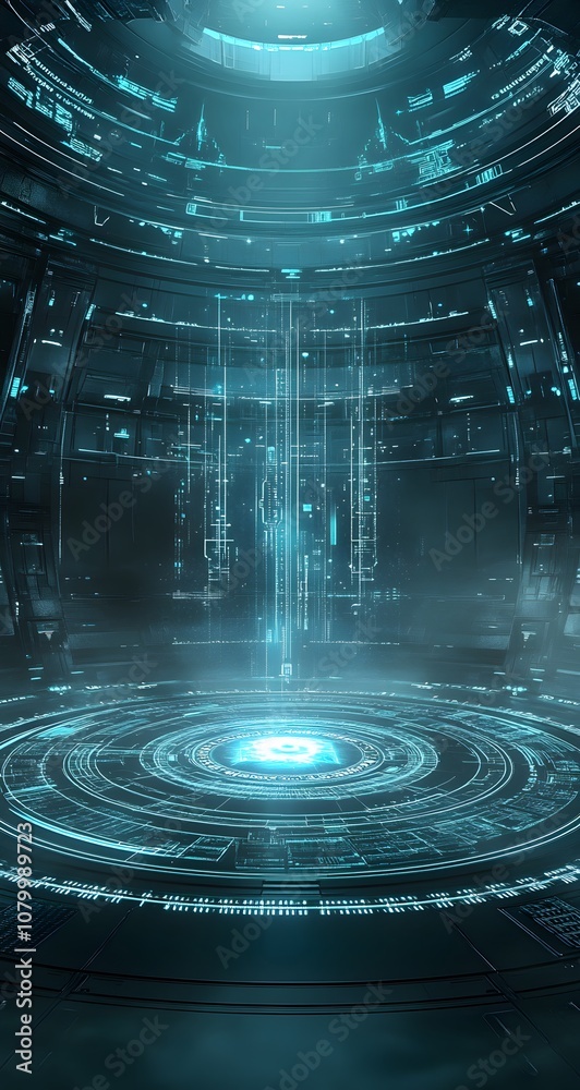 5. A high-tech 3D space with digital projections, glowing edges, and an ...