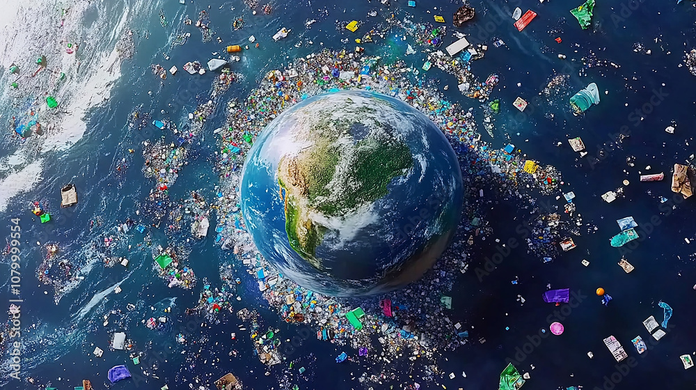 A 3D rendering of the Earth with plastic pollution surrounding it ...