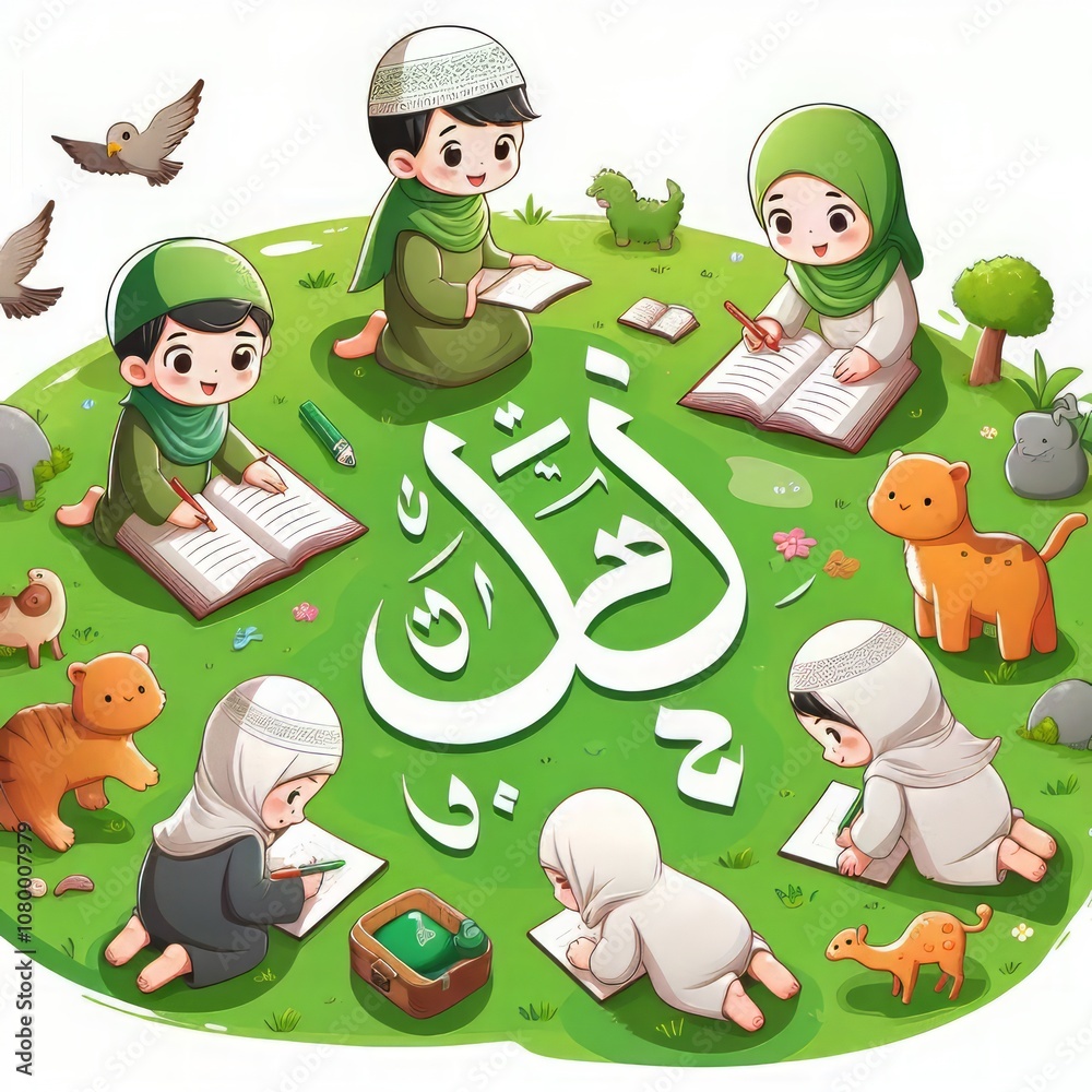 Cartoon Muslim child learning Hijaiyah Arabic letters Stock ...