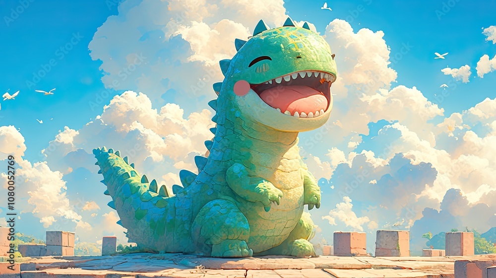 A friendly pastel-colored dinosaur, with soft green and pink scales, a ...