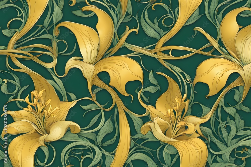 Art nouveau inspired floral pattern with curving lilies and vines in ...