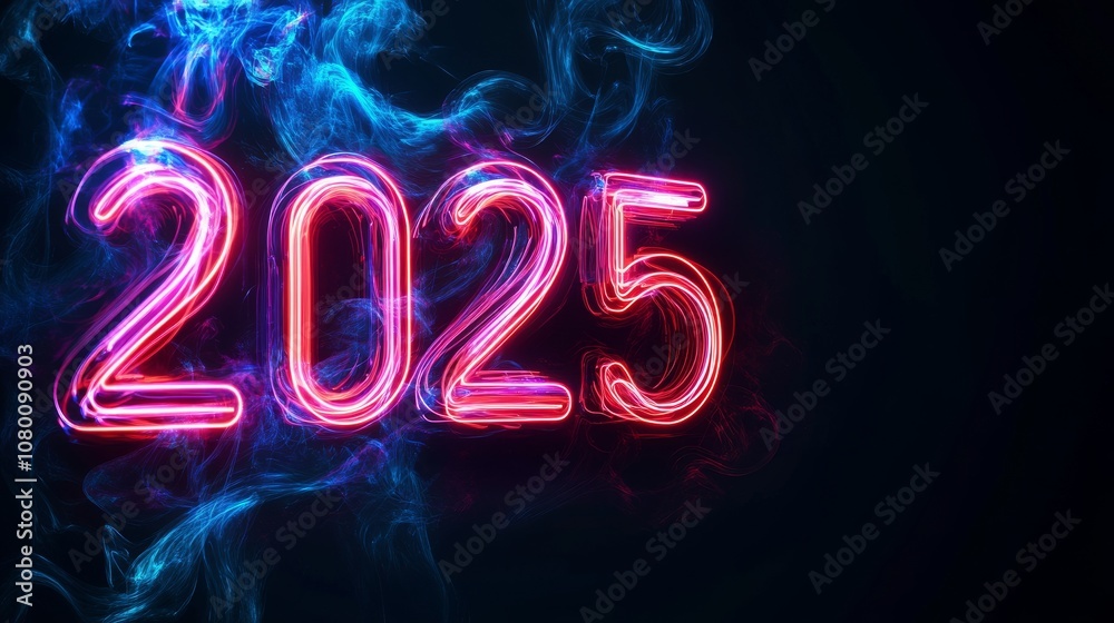 Bright neon lights in the shape of the year 2025 with smoke. Stock ...