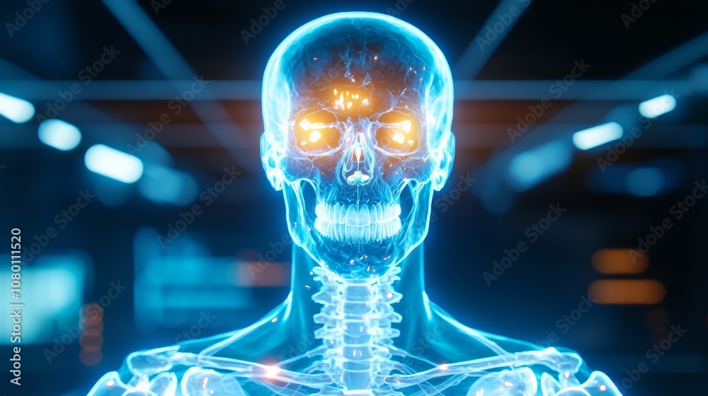 Стокова ілюстрація Full-body human skeleton with holographic X-ray scans highlighting bone ...