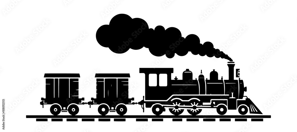 vintage steam train logo style with carriages – classic black shape ...